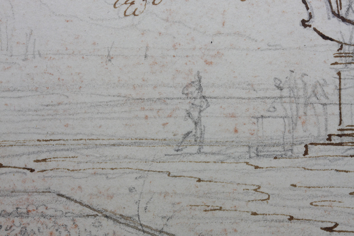 Palace park with statue of Greek Goddess. Graphite and ink drawing. XV ...