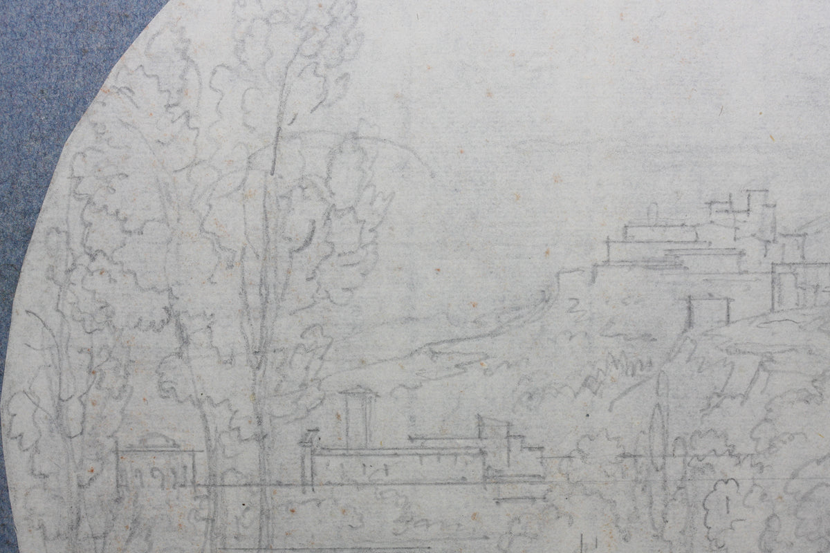 Landscape with a fortress on the hill. Graphite drawing. Tondo. XVIII ...