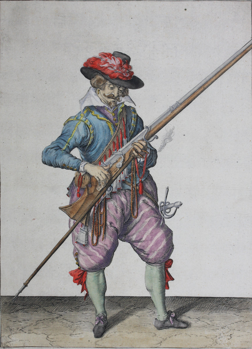 Jacques de Gheyn II. Musketeer raising both musket and fork in his lef ...