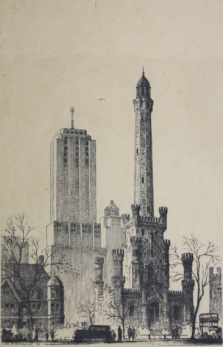 Leon René Pescheret. Water Tower, Chicago. Etching. 1932. – Goldin ...